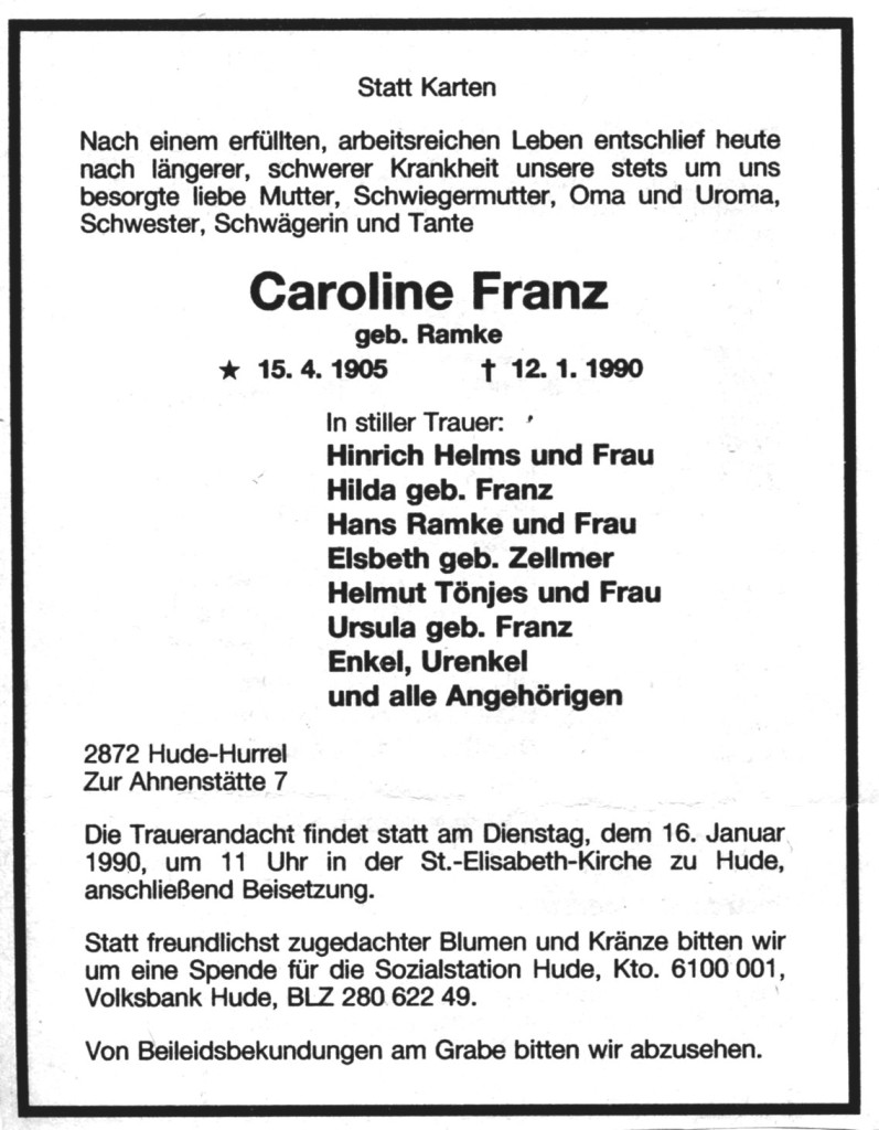 Caroline Franz – Traueranzeige | Hurreler Gedächtnis-Seite